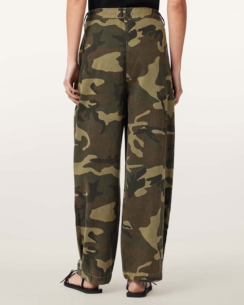 Becca Camo Denim Barrel Leg Trousers CAMO GREEN | ALLSAINTS